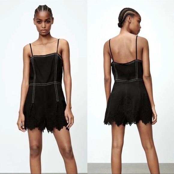 Zara | Pants & Jumpsuits | Zara Crochet Lace Jumpsuit Romper Black 720 ...